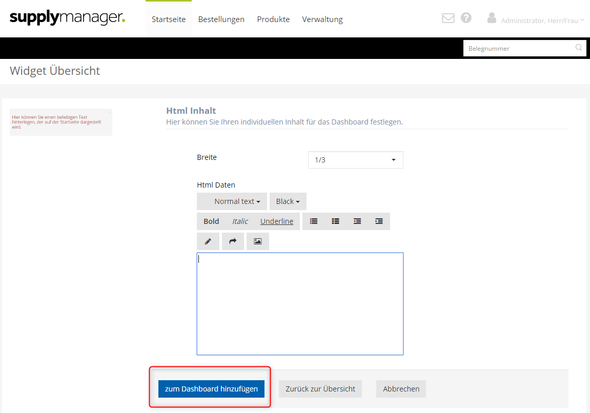 Startseite (Dashboard) verwalten